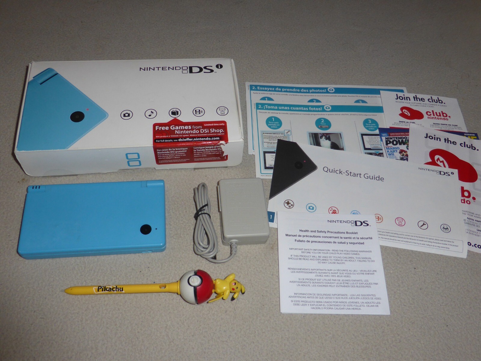 NINTENDO DSi LIGHT BLUE SYSTEM CONSOLE W POKEMON PIKACHU STYLUS ...