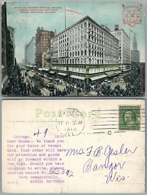 CHICAGO STATE & MADISON STREET FROM MANDEL BROS. BUILDING 1910 ANTIQUE ...