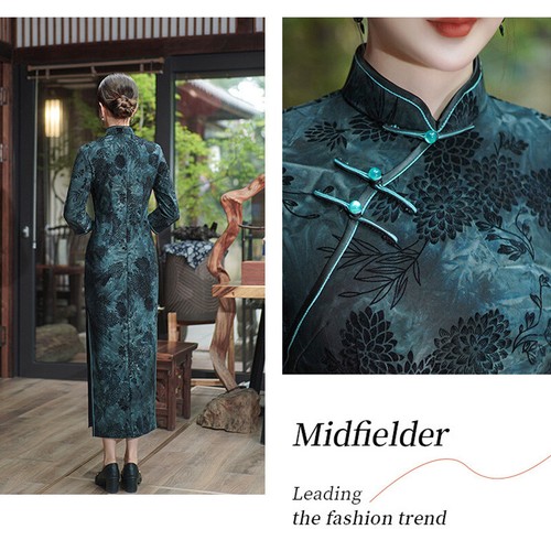 Women Autumn Flocking Qipao Dress Chinese National Long Cheongsam ...