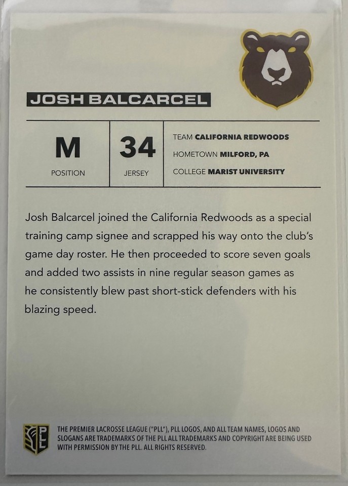 2025 PREMIER LACROSSE LEAGUE PLL JOSH BALCARCEL BLACK SP RC PARALLEL ...