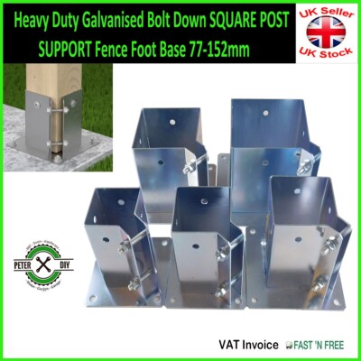Heavy Duty Galvanised Bolt Down SQUARE POST SUPPORT Fence Foot Base 77 ...