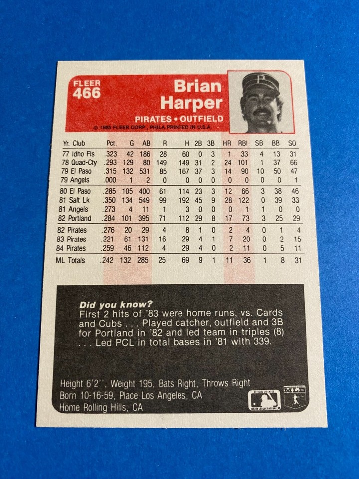 BRIAN HARPER 1985 FLEER #466 AUTO IP SIGNED PIRATES TWINS TIGERS ...