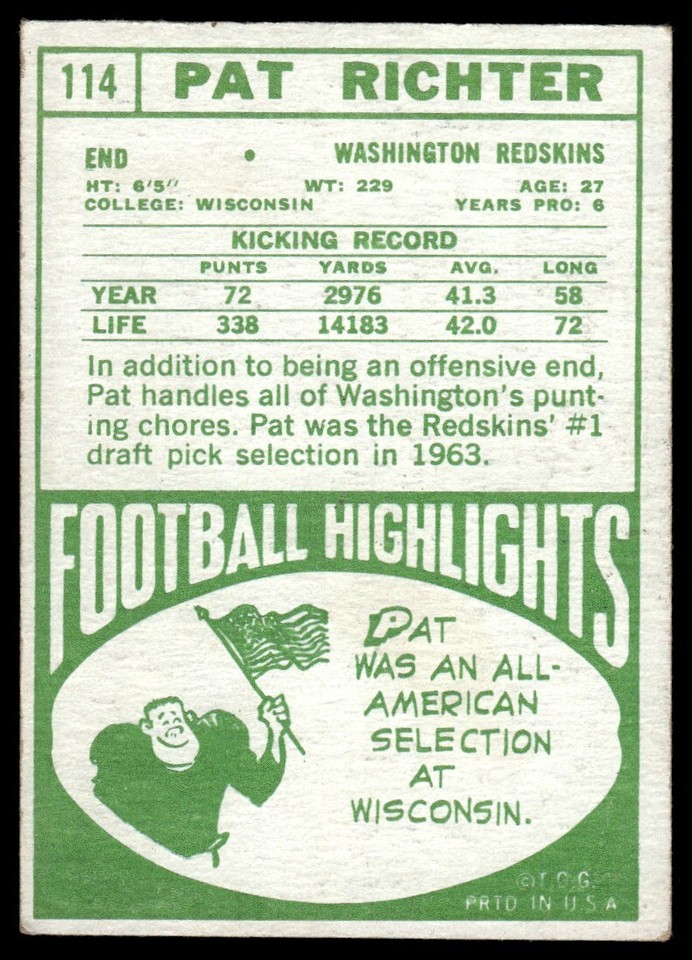 1968 Topps Pat Richter Washington Redskins #114 | eBay