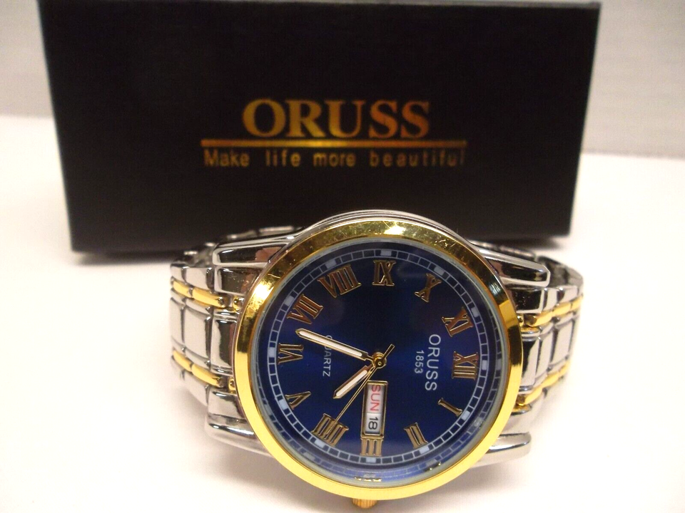 Men's ORUSS Watch Navy Blue Face 1853 Day/Date Silver & Gold Tone | eBay