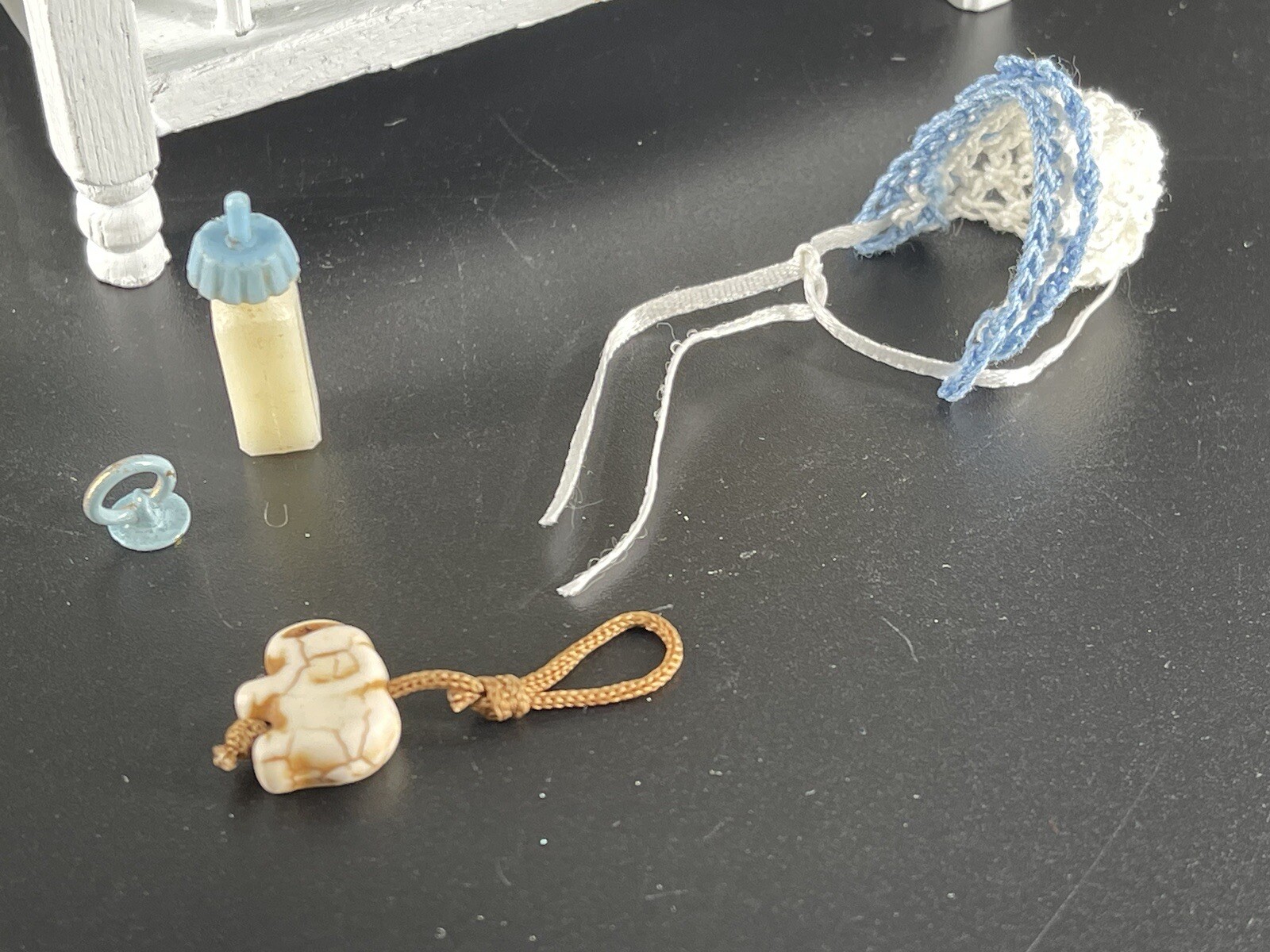 Miniature Wood Baby Crib with Hand Made Mini Quilt and Bonnet Bottle ...