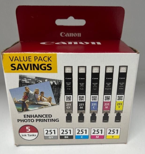 Canon CLI-251 BK/C/M/Y/GY 5 Color Value Pack Compatible to MG7520 ...