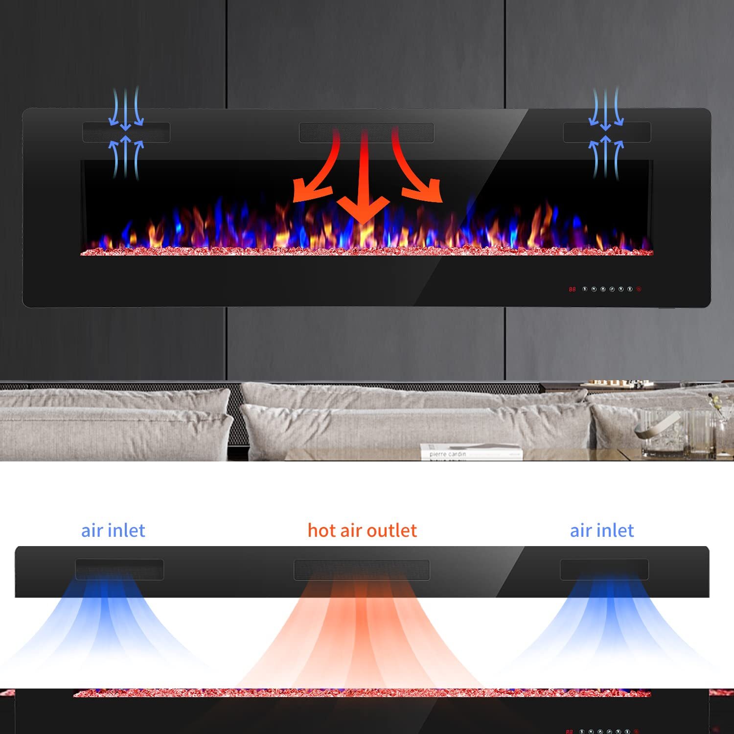 30''- 68'' Electric Fireplace Wall Mounted Recessed Heater Inset Heater ...