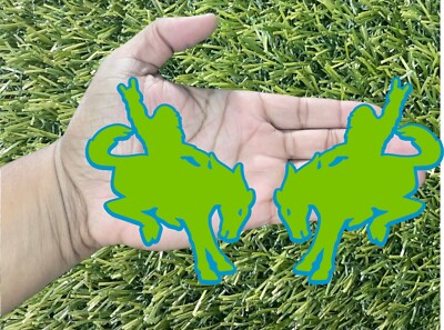 Sasquatch Bigfoot on Bronco Lime Green on Light Blue Emblem Badge ...