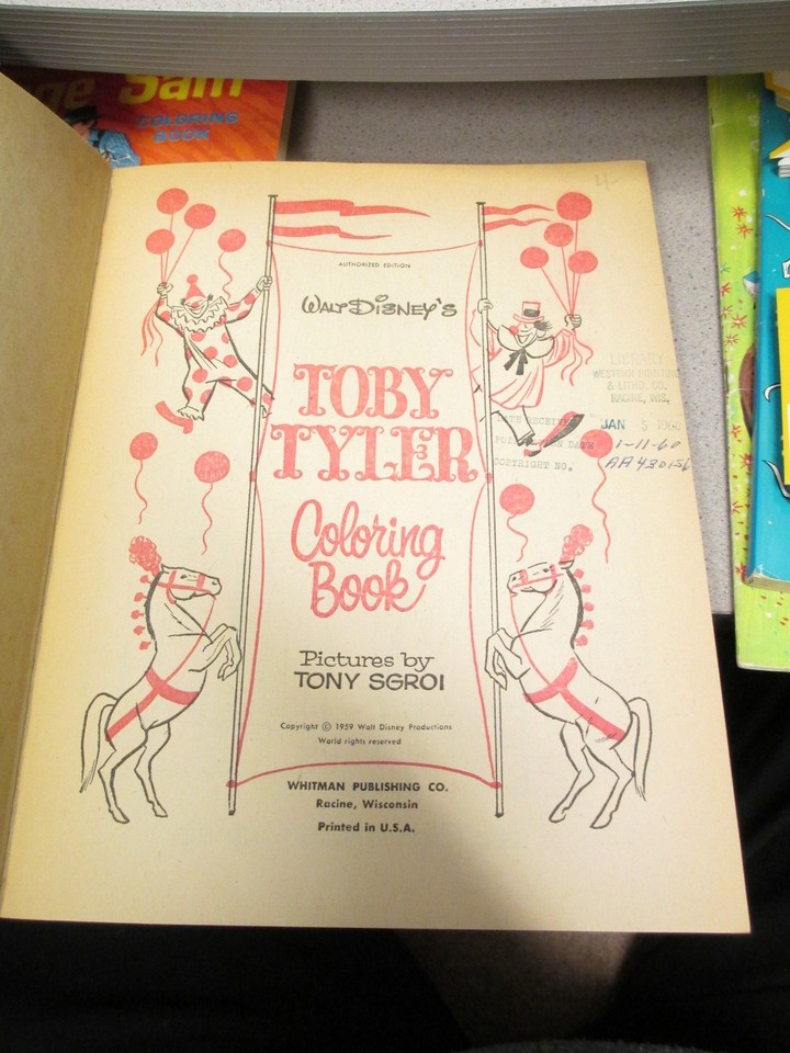 DISNEY coloring book UNUSED file copy TOBY TYLER 1959 circus 128p Kevin ...