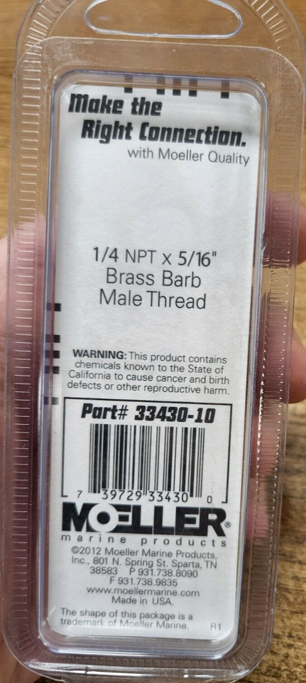 MOELLER MARINE, 1/4 NPT X 5/16'' BRASS BARB MALE THREAD PART # SS-33430 ...