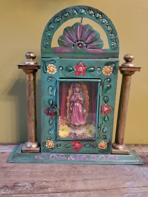 Mexican Folk Art Nicho Tin Hand Painted Virgin Guadalupe Shrine Flowers ...
