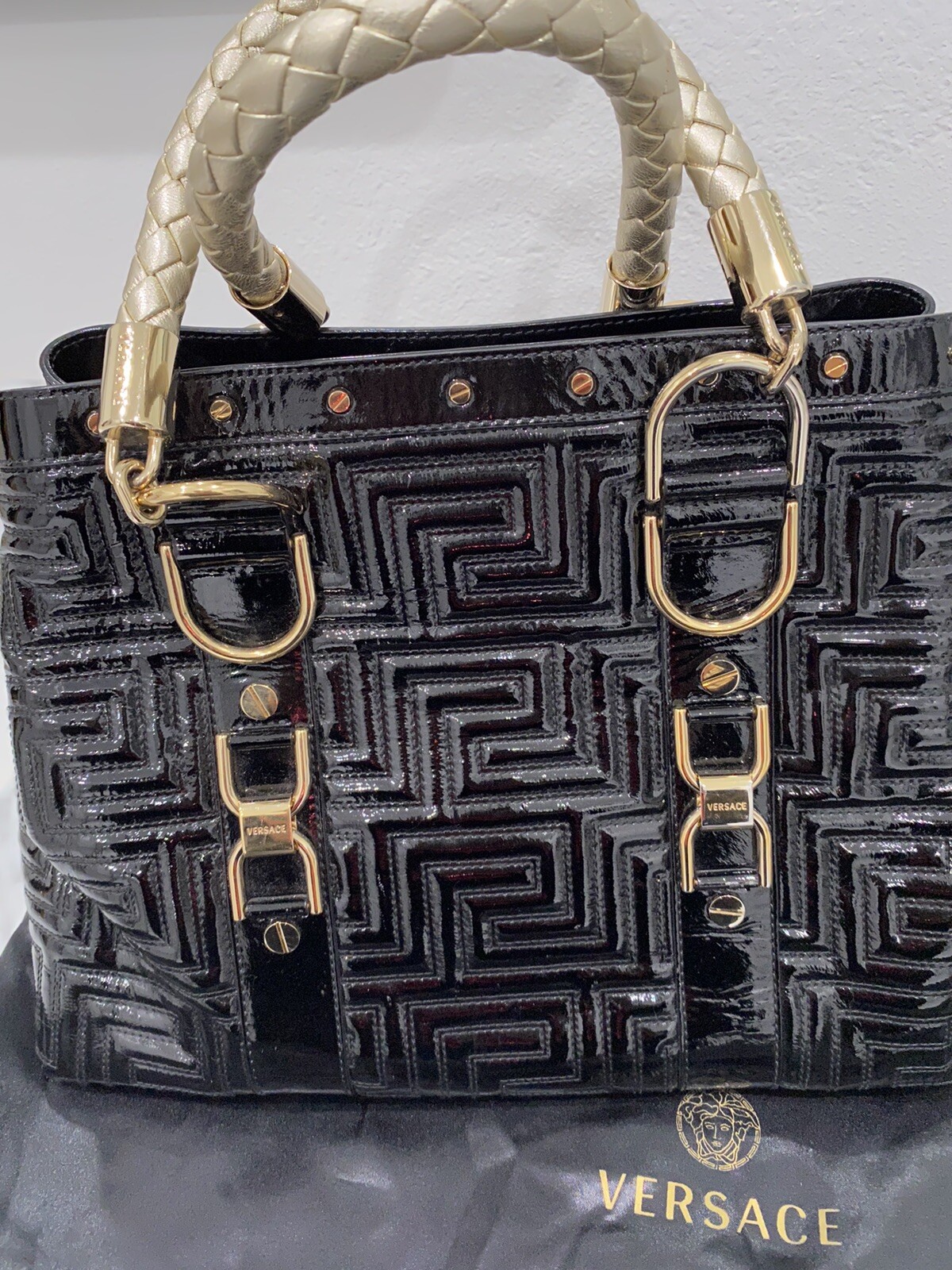 GIANNI VERSACE Couture Black Patent Leather Quilted Bag With Greek Key ...