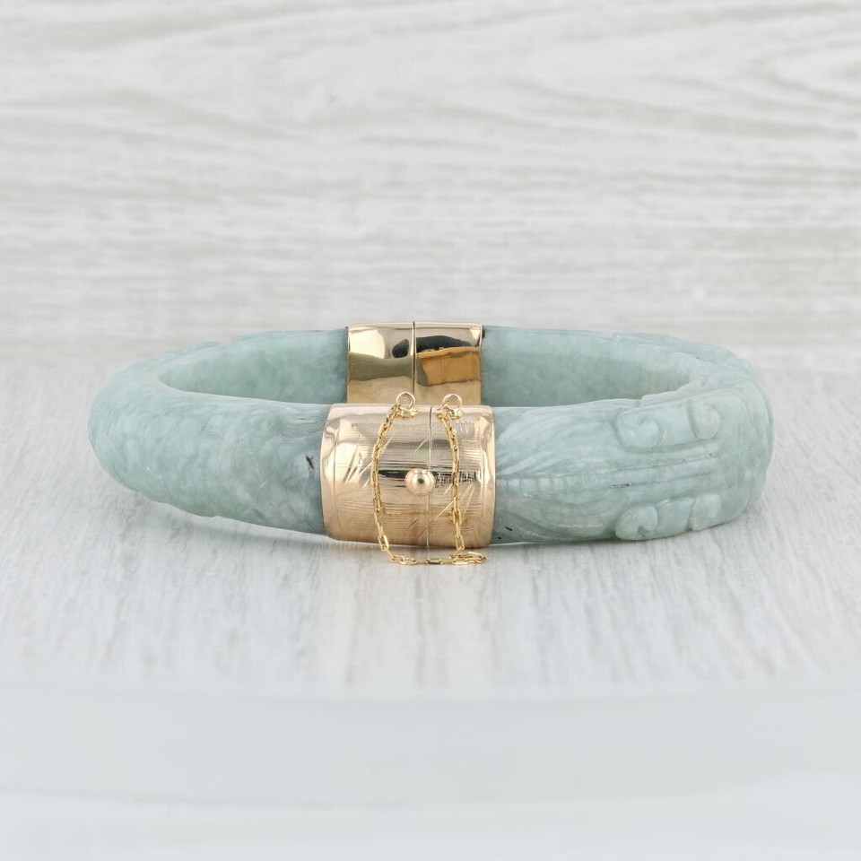 Carved Jade Dragon Bangle Bracelet 14k Gold Green Jadeite 7" Asian ...