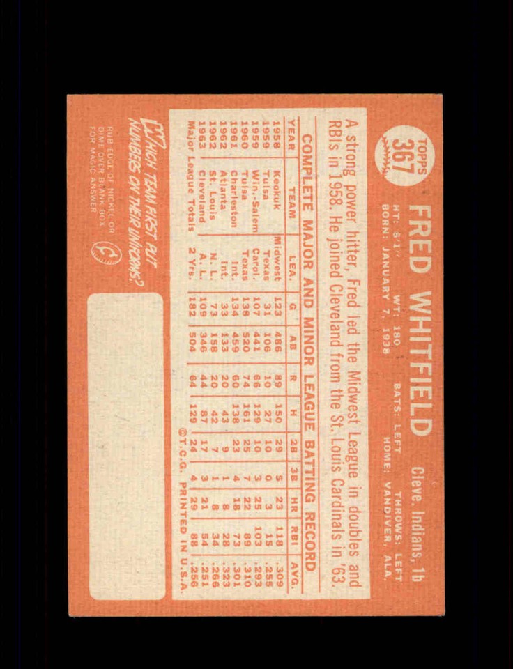 1964 FRED WHITFIELD TOPPS #367 INDIANS *G5667 | eBay