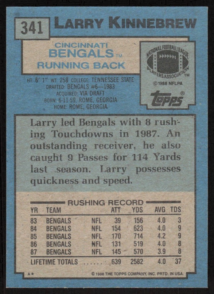 1988 Topps Football Larry Kinnebrew #341 Cincinnati Bengals | eBay