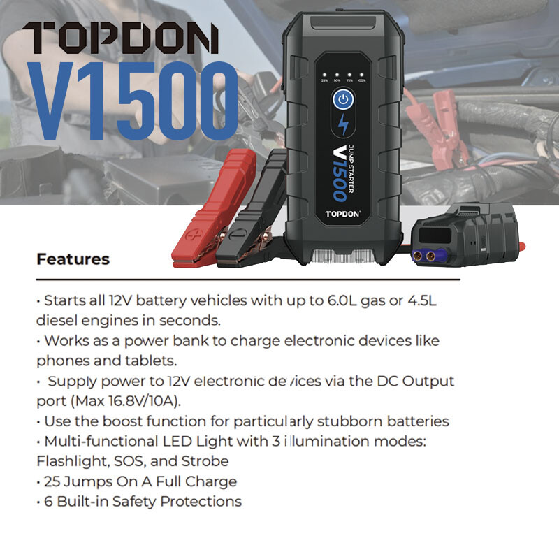 NEW TOPDON 1500A Car Jump Starter Booster Jumper Pack Power Bank ...
