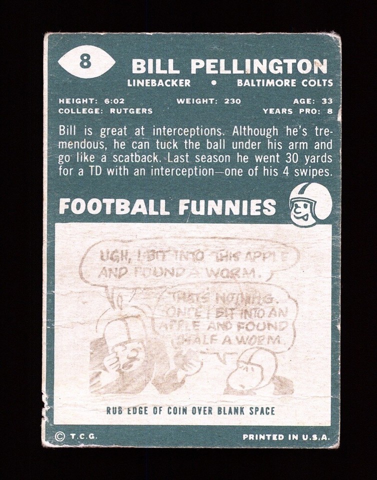 1960 Topps Football #8 BILL PELLINGTON - BALTIMORE COLTS - Vintage Card ...
