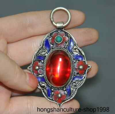 2.4"Chinese Ancient Tibetan silver Inlay ruby statue auspicious amulet ...
