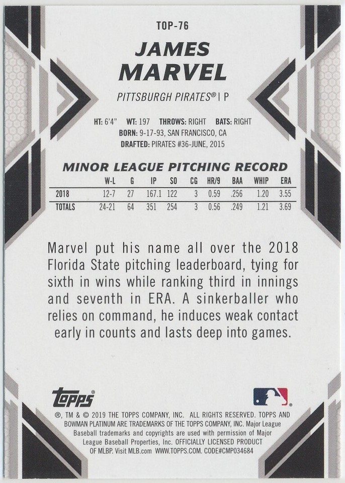 James Marvel - Pittsburgh Pirates - 2019 Bowman Platinum - Top ...