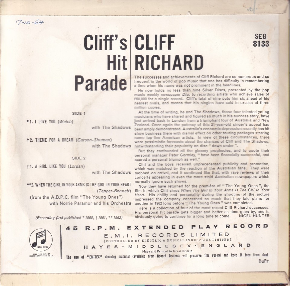 CLIFF RICHARD/SHADOWS-CLIFF`S HIT PARADE E.P. EXC. 1962 COLUMBIA POP 7 ...