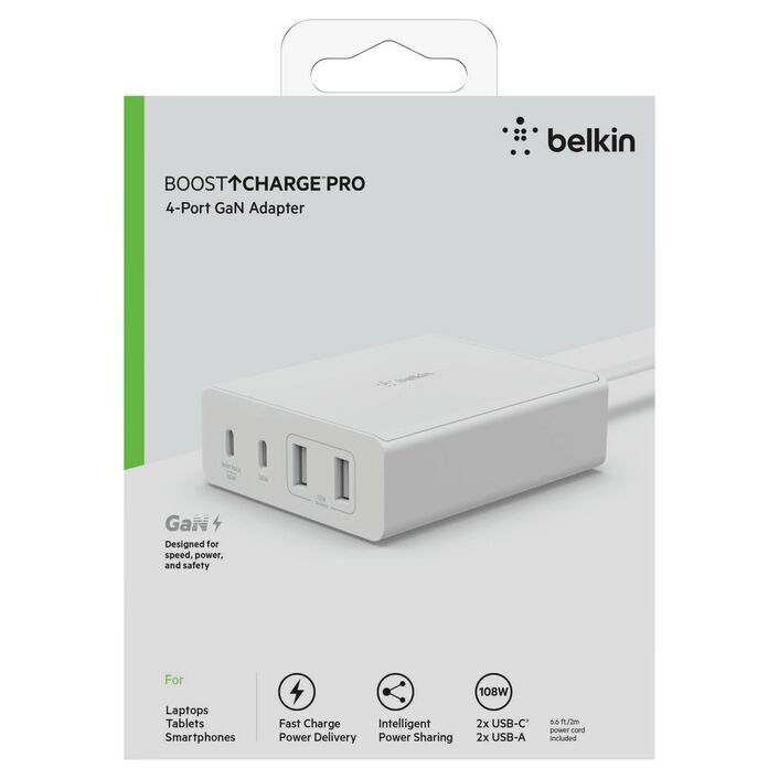 Belkin Boost Charge Pro 4-Port GaN Charger 108W Desktop Charger - White ...