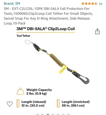 3M Fall Protection. tether coil c2l 10 pack 2 lb clip to loop. item ...