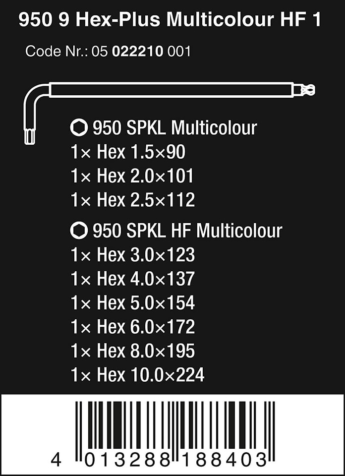 Wera HOLD FUNCTION Hex-Plus 9 Pce Multi Colour Ball-End Hex Allen Key ...