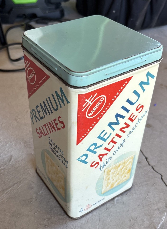 Vintage NABISCO PREMIUM SALTINE CRACKER Metal Container Tin Can Box 14 ...