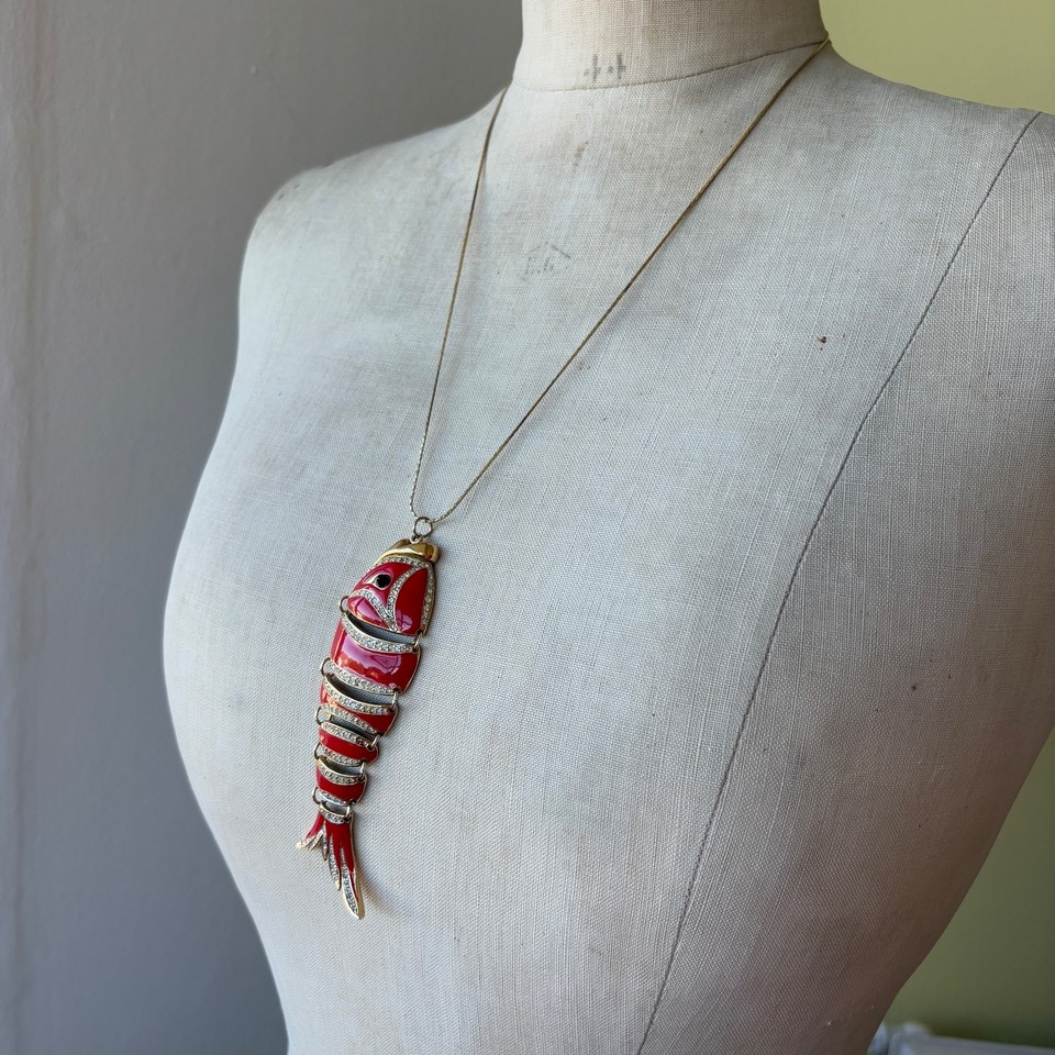Vintage Signed D’Orlan Orange Enamel + Gold Articulated Fish Pendant ...