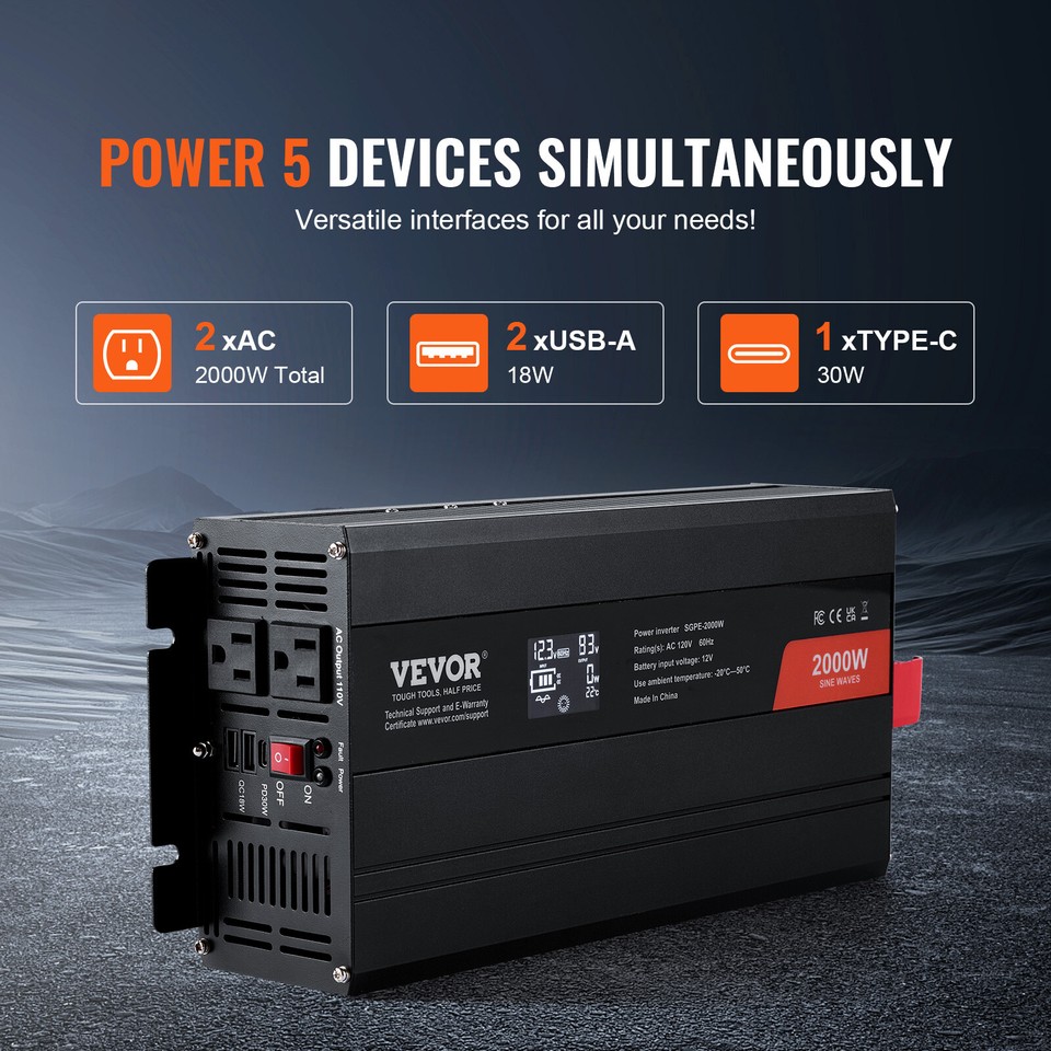 VEVOR Pure Sine Wave Power Inverter 2000w 4000w Converter DC 12v To AC ...