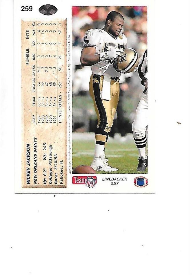 Rickey Jackson HOF 1992 Upper Deck Football Card #259 New Orleans ...