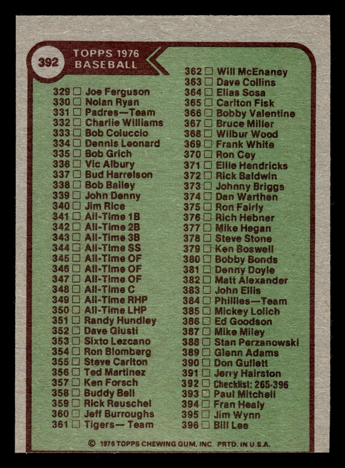 1976 Topps Checklist: 265-396 #392 HIGHER GRADE MISCUT ERROR | eBay