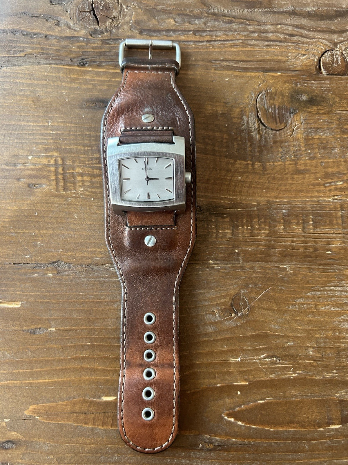 Guess Men Formal Brown Leather Cuff Strap Rectangular Quartz 49mm Watch ...