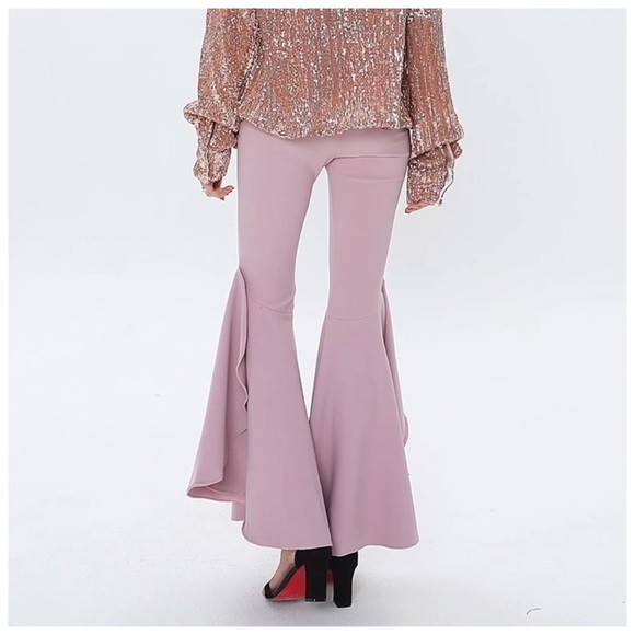 Make A Dramatic Statement Pink & Black Ruffle Flare Leg Stretch Pants ...