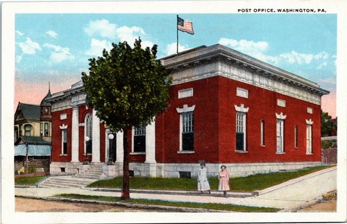 Postcard PA Washington Women in Front of the Post Office American Flag ...