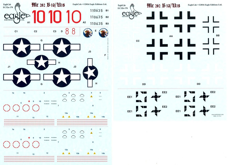EagleCals Decals 1/32 MESSERSCHMITT Me-262B-1a & Me-262U1 Jet Fighters ...