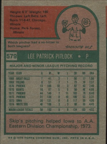 1975 Topps Baseball Card #579 Skip Pitlock - VG | eBay