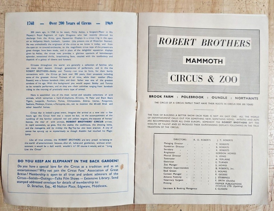 1768 - 1969 Roberts Brothers Circus Over 200 Years of Circus Program ...