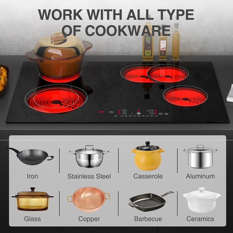 30'' Built-in Electric Ceramic Cooktop Stove Top 4 Burner Timer Touch ...