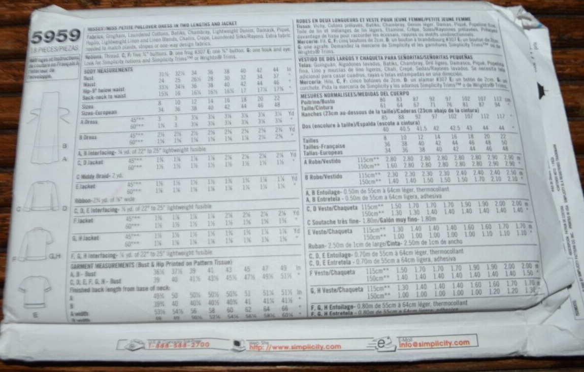 Simplicity Sewing Pattern 5959 Petite Pullover Dress and Jacket Women's ...