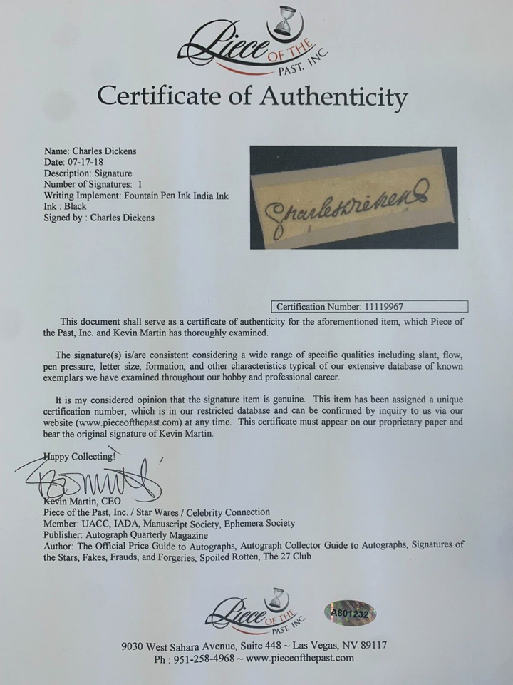CHARLES DICKENS signature, with COA, clipping | eBay