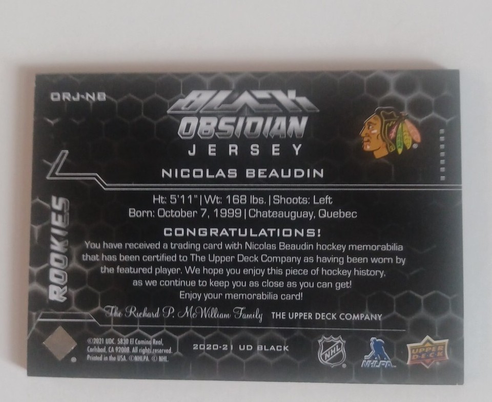 2020-21 UD Black Nicolas Beaudin 213/399 Obsidian Rookie Jerseys | eBay