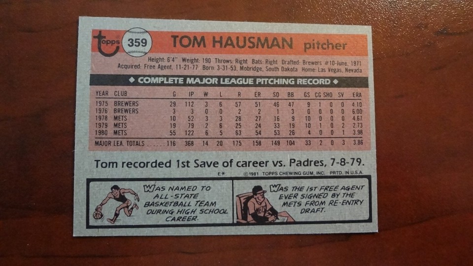 1981 TOPPS # 359 TOM HAUSMAN BASEBALL CARD | eBay