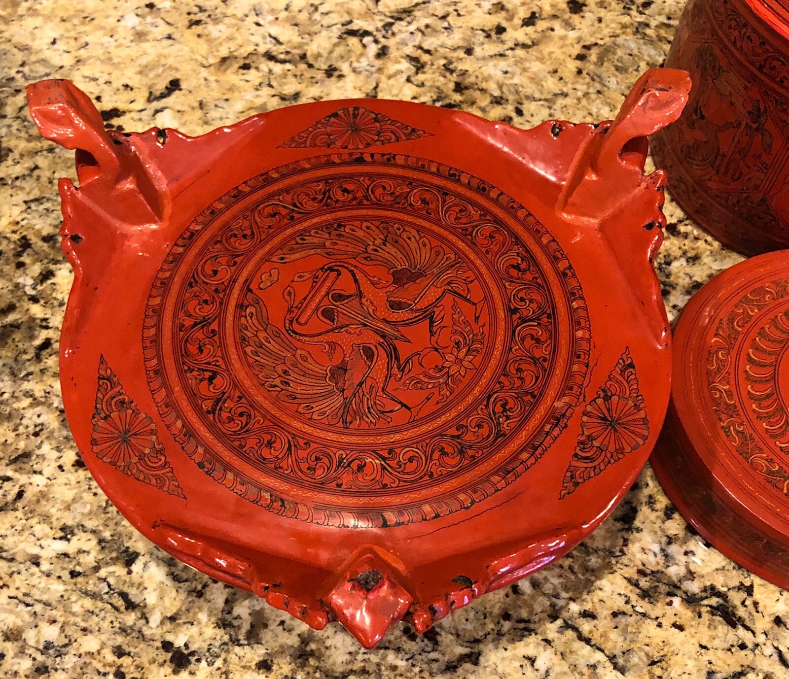 RARE SIGNED LARGE RED LACQUER BIRD FOOTED 4 PIECE LUNCH BOX BUDDHA ...