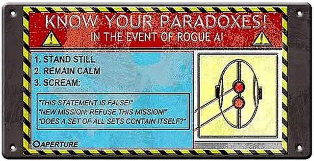 Portal 2 Tin Wall Sign Know Your Paradoxes Aperture Event of Rogue AI ...