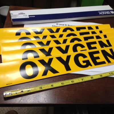 Lot of 5 ***, BRADY 7209-1, Pipe Markers, Oxygen, Yellow, 2-1/4 x 14 ...