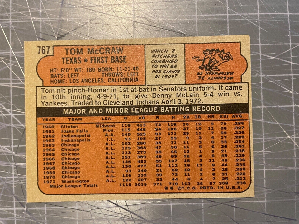 1972 TOPPS #767 TOM MCCRAW TEXAS RANGERS HI# BASEBALL CARD NM+ | eBay