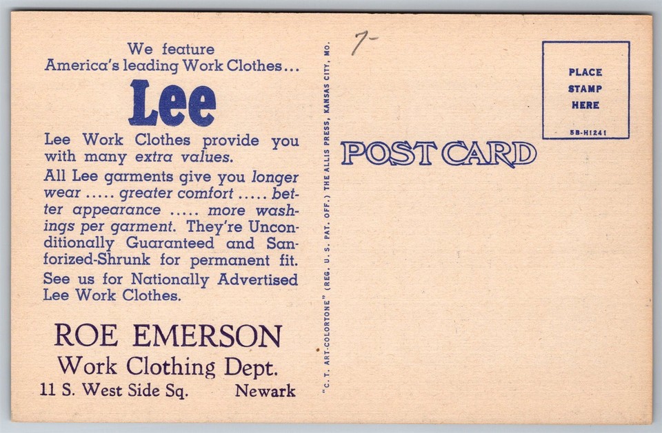 Postcard Lee Work Clothes Overalls Cowboy Pants Roe Emerson Newark NJ ...