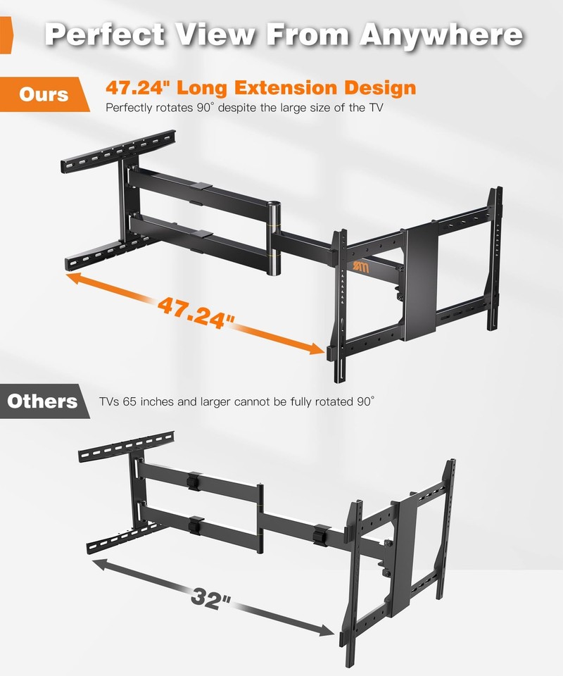47” Extra Long Arm TV Wall Mount for 37-80 Inch TV, Full Motion Corner ...