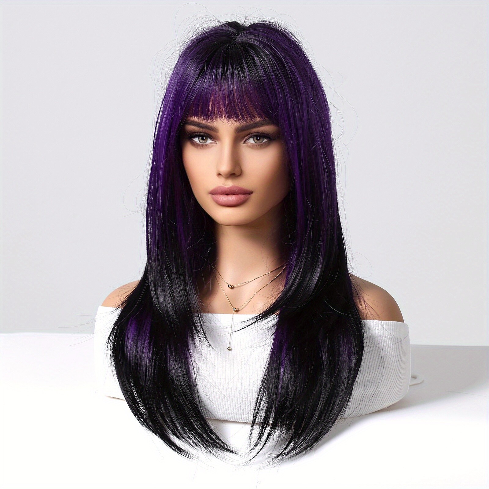 22 Inch Women's Long Straight Purple Fade To Black Synthetic Wig with ...